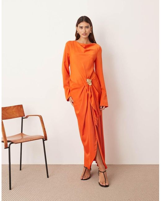 ARRANGE Long Sleeve Drape Maxi Dress With Molten Metal Trim in Orange | Lyst UK