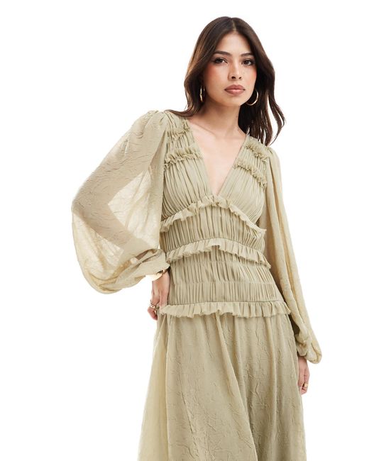 ASOS Plunge Neck Midi Dress With Ruffles in Natural | Lyst