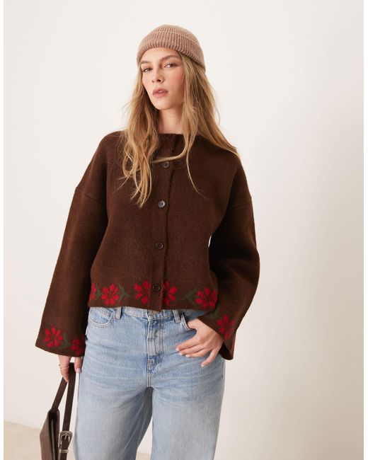 ASOS Wide Cuff Knit Cardigan With Floral Design in Brown | Lyst
