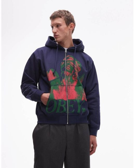 Obey Blindfold Zip Through Oversized Hoodie in Blue for Men | Lyst UK