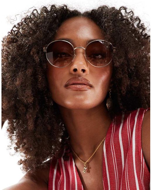 ASOS Metal Round Sunglasses With Ombre Brown Lens in Red | Lyst UK
