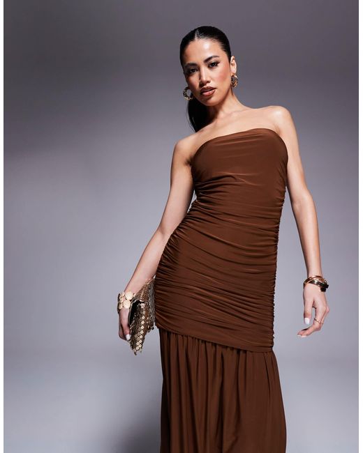 ASOS Ruched Bandeau Maxi Dress With Dropped Waist in Brown | Lyst