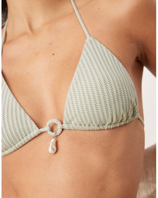 ASOS Kai Textured High Apex Triangle Bikini Top With Pearl Trim in Natural | Lyst