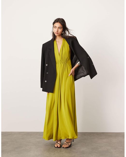ASOS Satin Halter Maxi Dress With Pockets Ruched Detail in Green | Lyst