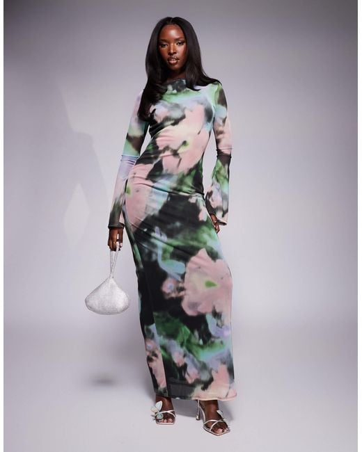 ASOS Low Back Floral Mesh Maxi Dress With Angel Sleeves in White | Lyst