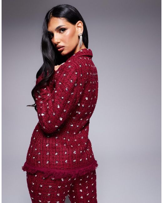 ASOS Embellished Boucle Blazer Co-Ord With Faux Feather Hem in Red | Lyst