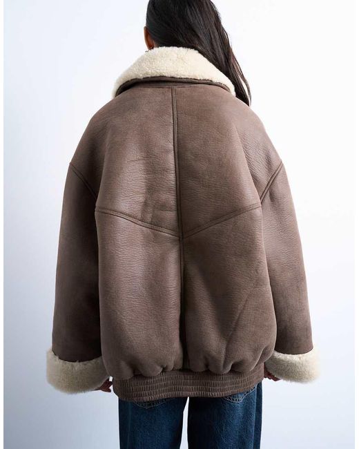 TOPSHOP Vintage Washed Faux Shearling Oversized Bomber Jacket in Brown ...