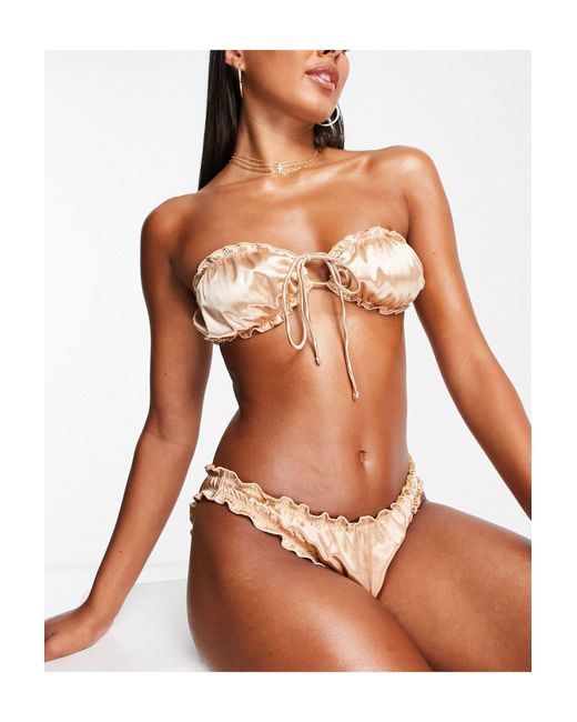 Asos Synthetic Gleam Ruched Keyhole Bandeau Bikini Top In Gold