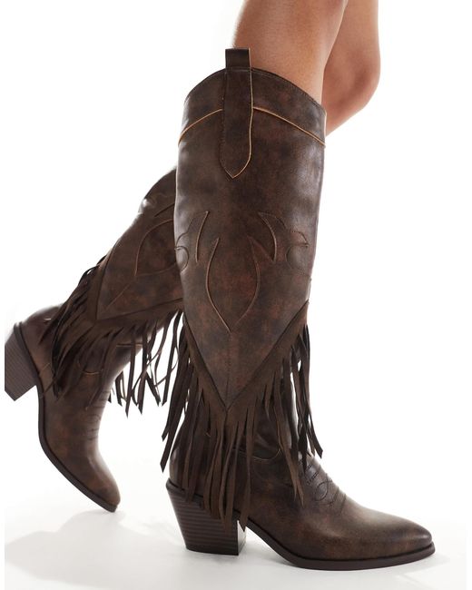 Glamorous Western Knee Boots With Tassels in White | Lyst