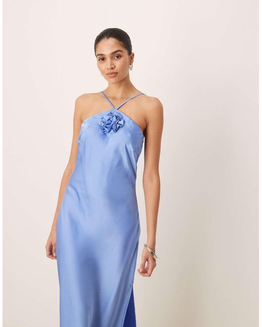 Y.A.S Halter Neck Satin Maxi Dress With Corsage Detail in Blue | Lyst