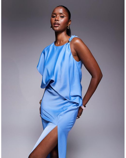 ASOS Drape Bodice Satin Midi Dress With Trim Detail in Blue | Lyst