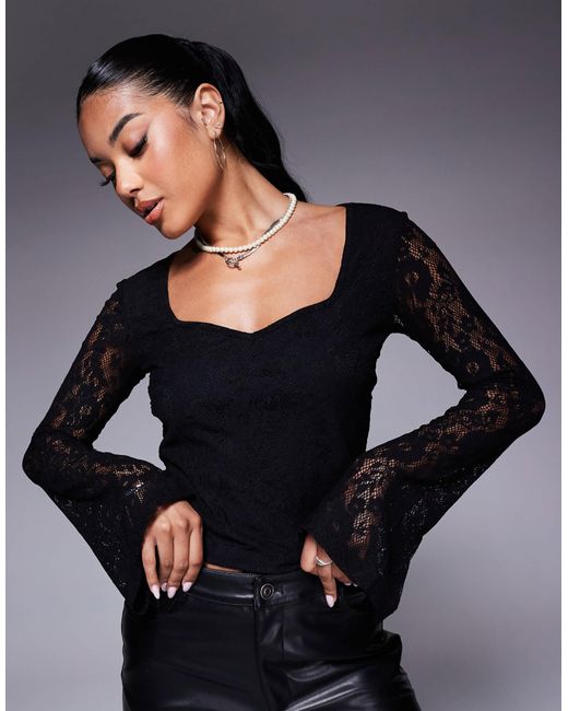 ASOS Sweetheart Lace Long Sleeve Top in Black | Lyst