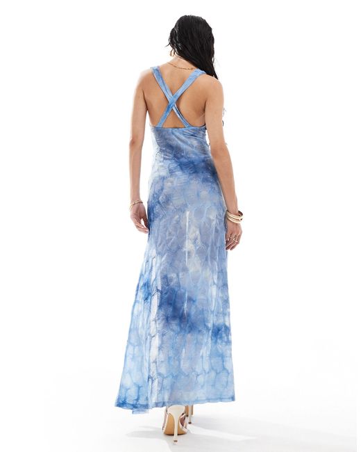 ASOS Sheer Textured Maxi Dress With High Split Detail in Blue | Lyst