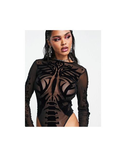 Asos Halloween Flocked Mesh Bodysuit In Black Lyst