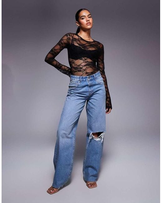 Princess Polly Feelix Long Sleeve Sheer Lace Body in Blue | Lyst UK