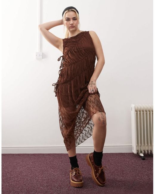 Reclaimed (vintage) Lace Maxi Dress With Asymmetric Tie Detail in Brown | Lyst