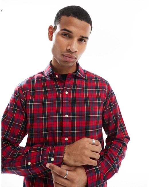 Polo Ralph Lauren Icon Logo Check Sanded Twill Shirt Custom Fit in Red ...