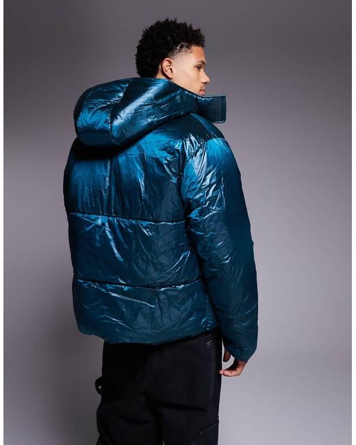 ASOS High Shine Puffer Jacket in Blue for Men | Lyst UK