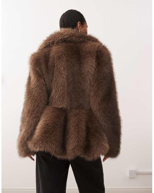 Monki Faux Fur Jacket With Peplum Hem in Brown | Lyst UK
