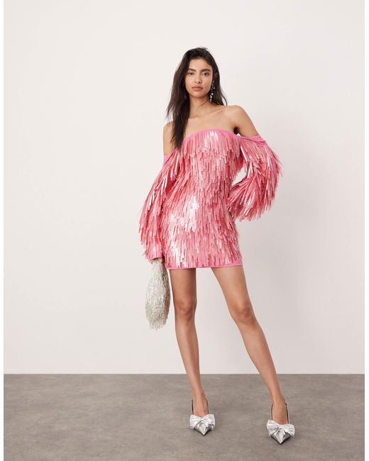 ASOS Embellished Shard Sequin Mini Dress With Oversized Sleeves in Pink ...