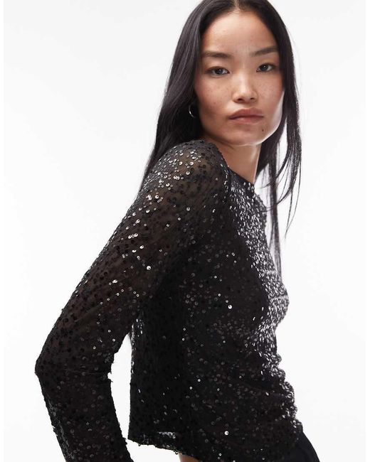 ASOS wiggle Sequin Sheer Mesh Long Sleeve Top in Black | Lyst UK