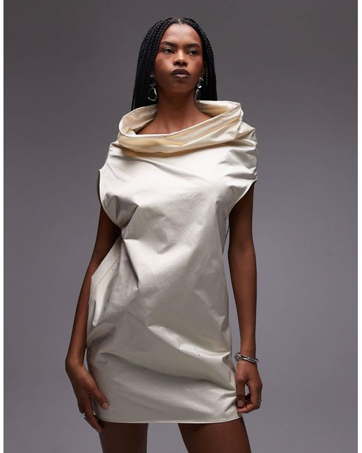 Mango Capsule Premium Satin Mini Dress With Ruched Neck Detail in Gray ...