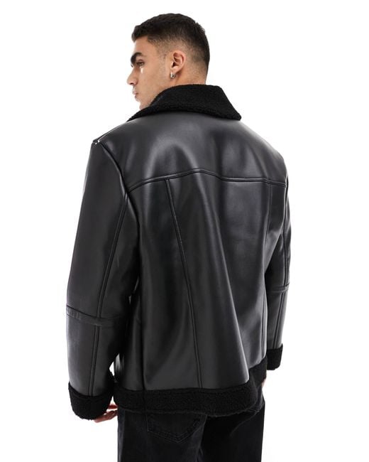 ASOS Faux Leather Aviator Jacket With Borg Lining in Black for Men | Lyst