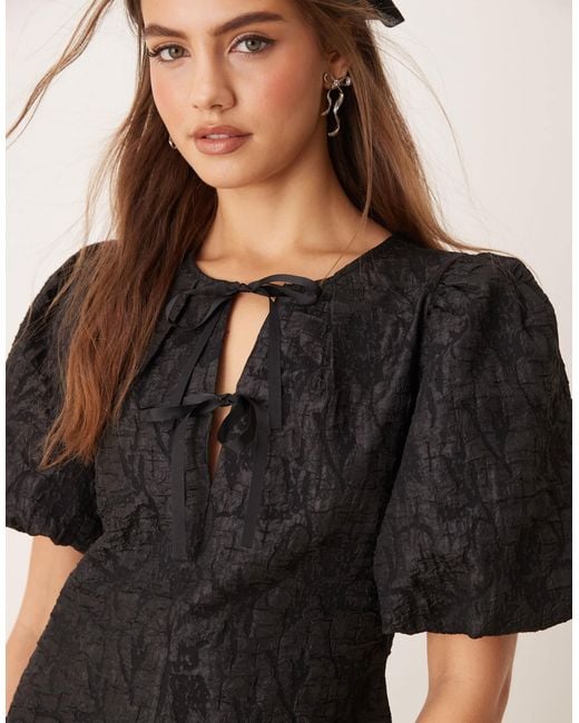 Gina Tricot Balloon Sleeve Jacquard Mini Dress With Tie Front Detail in ...
