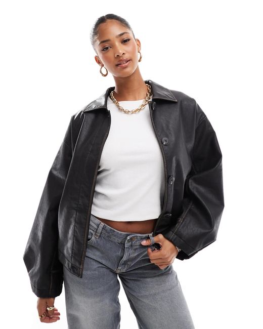 ASOS Oversized Vintage Washed Leather Look Jacket in Gray | Lyst