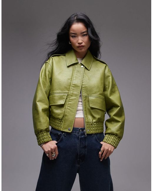TOPSHOP Cropped Bubble Faux Leather Bomber Jacket in Green | Lyst
