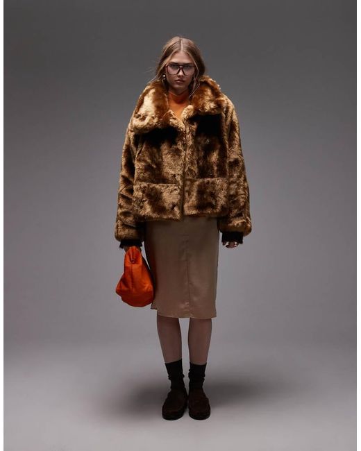 ASOS Funnel Neck Oversized Faux Fur Jacket in Brown | Lyst UK