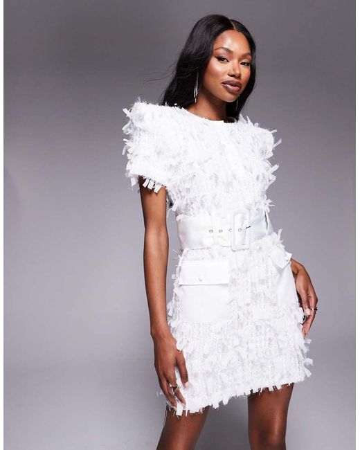 ASOS Textured Structured Mini Dress With Belt in White | Lyst UK