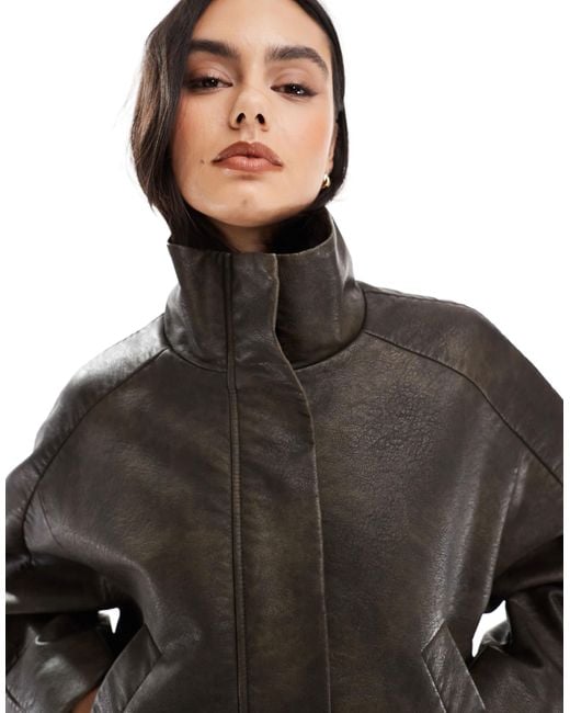 ASOS Funnel Neck Textured Leather Look Bomber Jacket in Black | Lyst