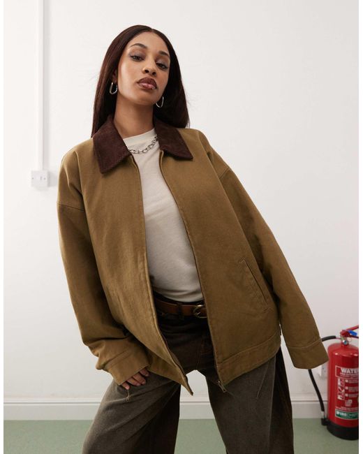 Lioness Contrast Corduroy Collar Canvas Barn Jacket in Brown | Lyst