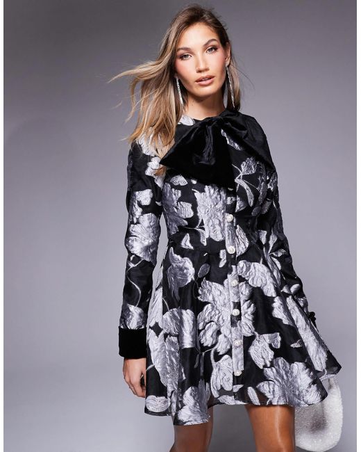 ASOS Jacquard Long Sleeve Mini Dress With Velvet Bow And Embellished ...