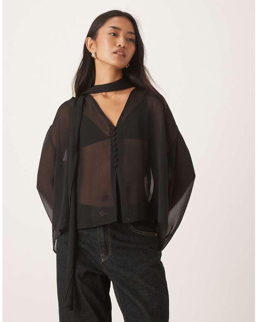 ASOS Button Front Scarf Detail Blouse in Black | Lyst UK
