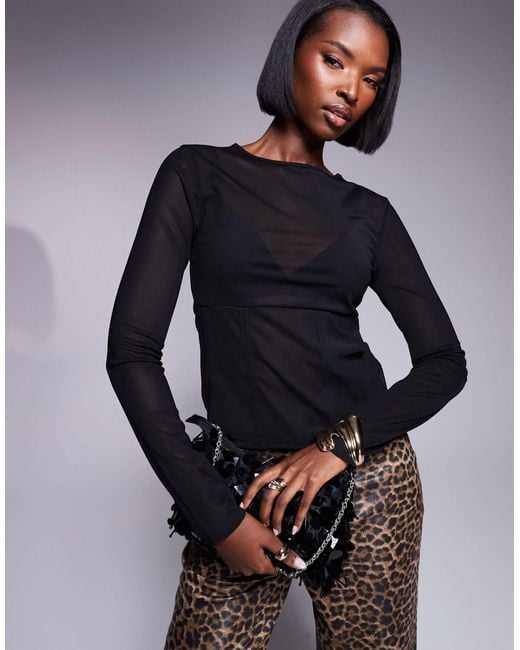 ASOS Structured Mesh Long Sleeve Top With Corset Seam Detailing in Blue ...