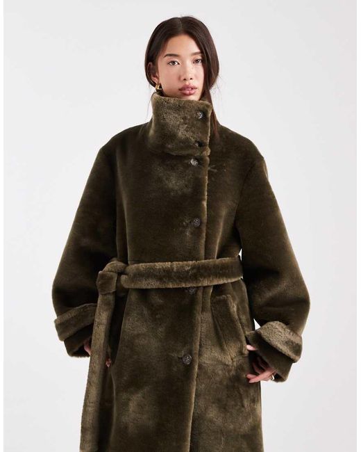 ASOS Cosy Borg Funnel Neck Longline Coat in Black | Lyst UK