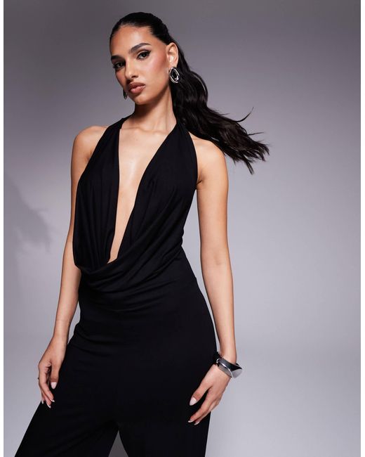 ASOS Plunge Halter Wide Leg Jumpsuit in Black | Lyst