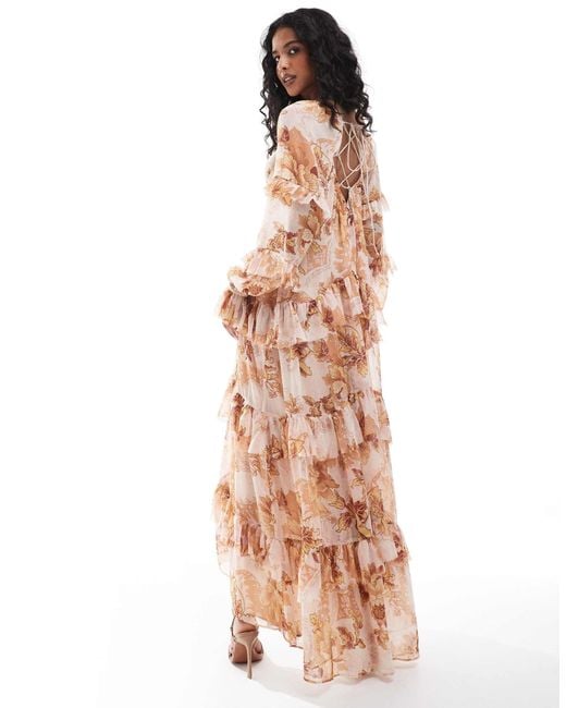 ASOS Ruffle Off Shoulder Corset Detail Tiered Maxi Dress With Hi Low ...