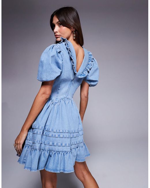 ASOS Denim Collared Puff Sleeve Mini Dress in Blue | Lyst