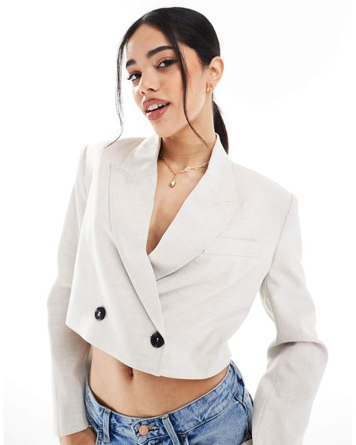 Bershka Double Button Cropped Blazer in White | Lyst