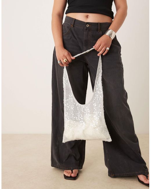 Mango Sequin Mesh Shoulder Bag in Natural | Lyst