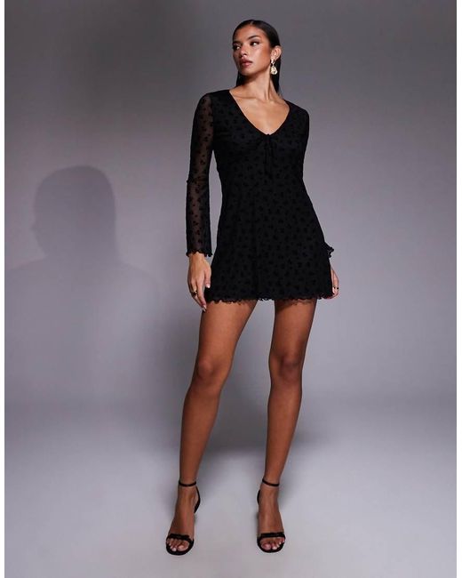 New Look Flocked V-neck Mesh Mini Dress in Grey | Lyst UK