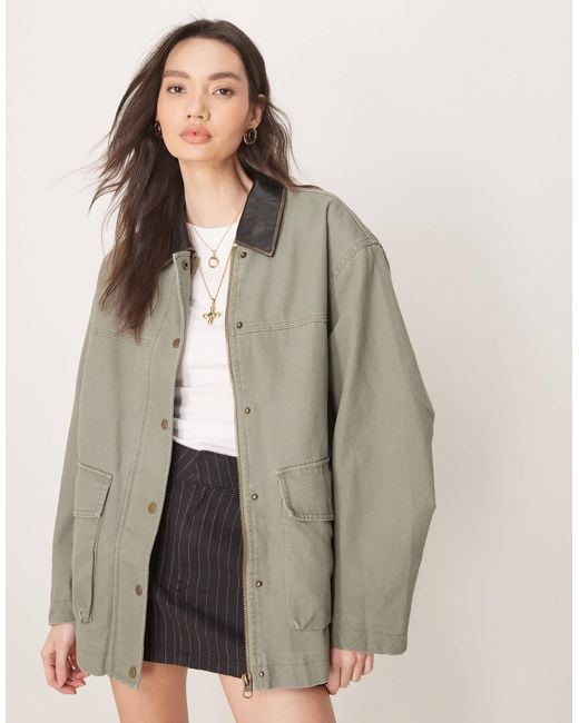 ASOS Oversized Washed Barn Jacket With Leather Look Collar in Gray | Lyst