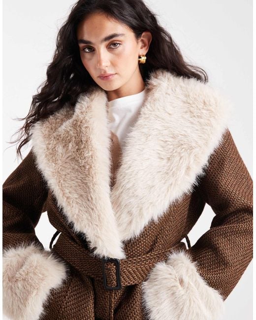ASOS Textured Longline Penny Lane Coat With Faux Fur Trim in White | Lyst