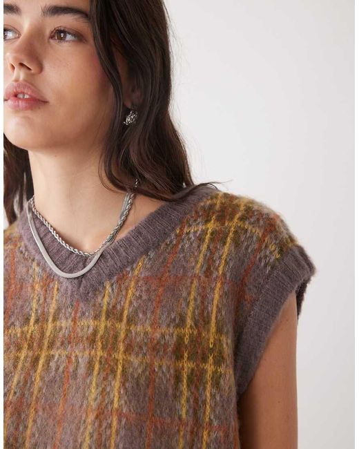 The Ragged Priest Oversized Knitted Check Vest in Brown | Lyst UK
