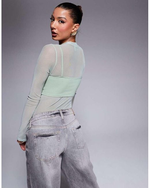 ASOS Layered Mesh Bodysuit With Plunge Bralet in Grey | Lyst UK