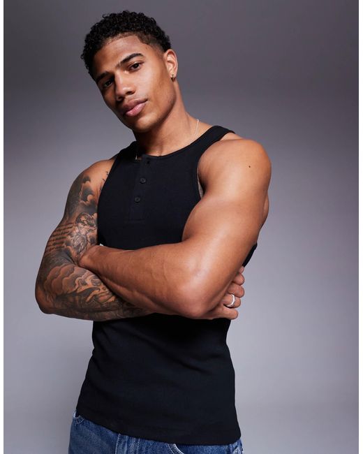 ASOS Muscle Fit Henley Rib Vest in Gray for Men | Lyst