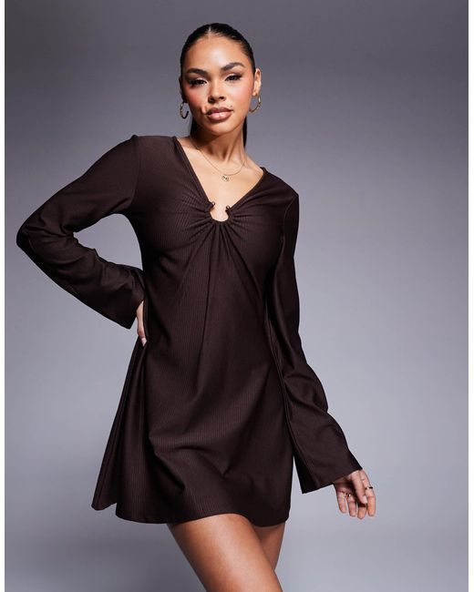 ASOS Long Flare Sleeve Mini Dress With Ring Detail in Brown | Lyst